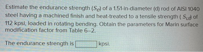 Solved Estimate the endurance strength (Se) of a | Chegg.com