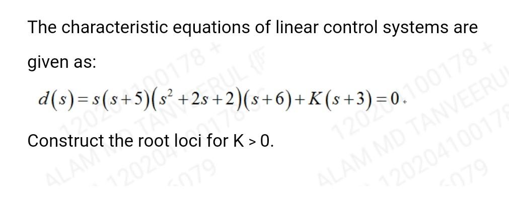 The characteristic equations of linear control | Chegg.com