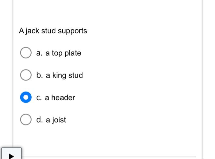 Solved A jack stud supports a. a top plate b. a king stud c. | Chegg.com