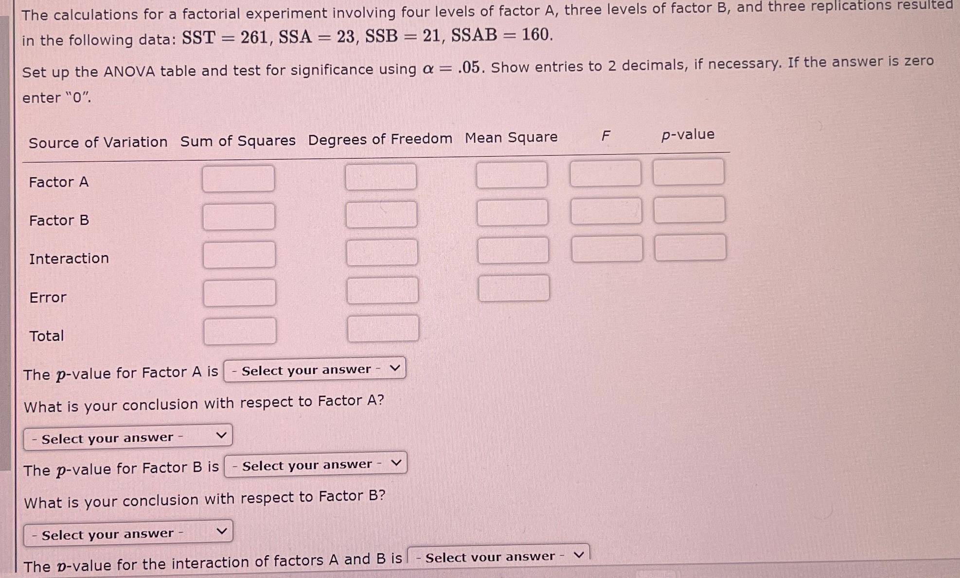 Solved The calculations for a factorial experiment involving | Chegg.com