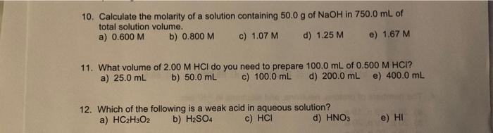 Solved 10. Calculate the molarity of a solution containing | Chegg.com