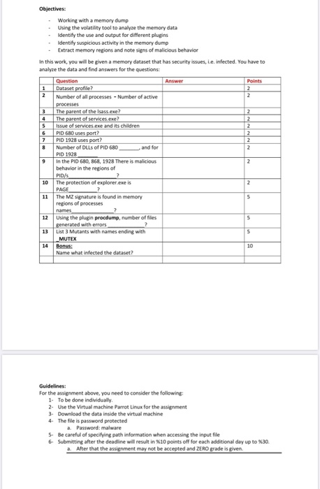 Solved Objectives: - Working with a memory dump - Using the | Chegg.com