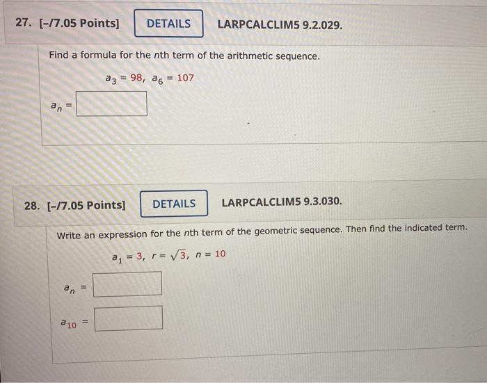 Solved Find a formula for the nth term of the arithmetic | Chegg.com