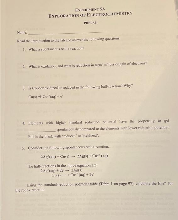 Solved EXPLORATION OF ELECTROCHEMISTRY PRELAB Name: Read the | Chegg.com