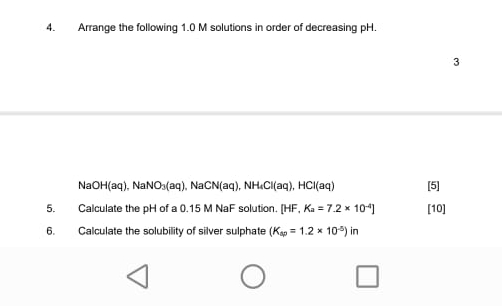 Solved Arrange the following 1.0 ﻿M solutions in order of | Chegg.com
