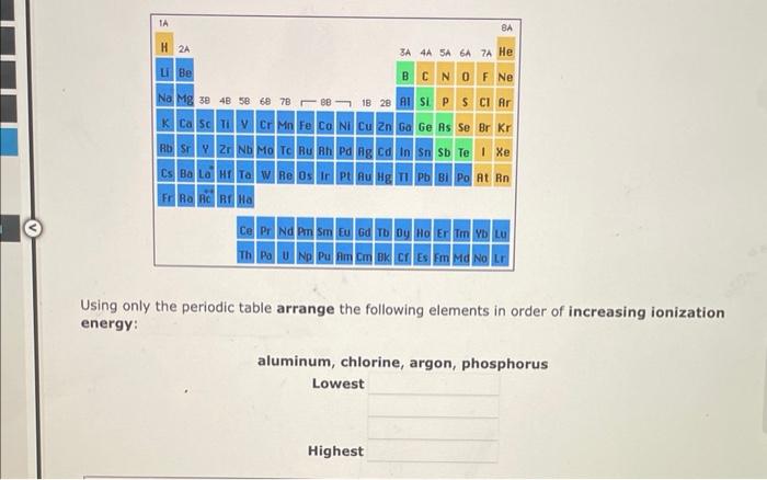 Solved Using only the periodic table arrange the following | Chegg.com