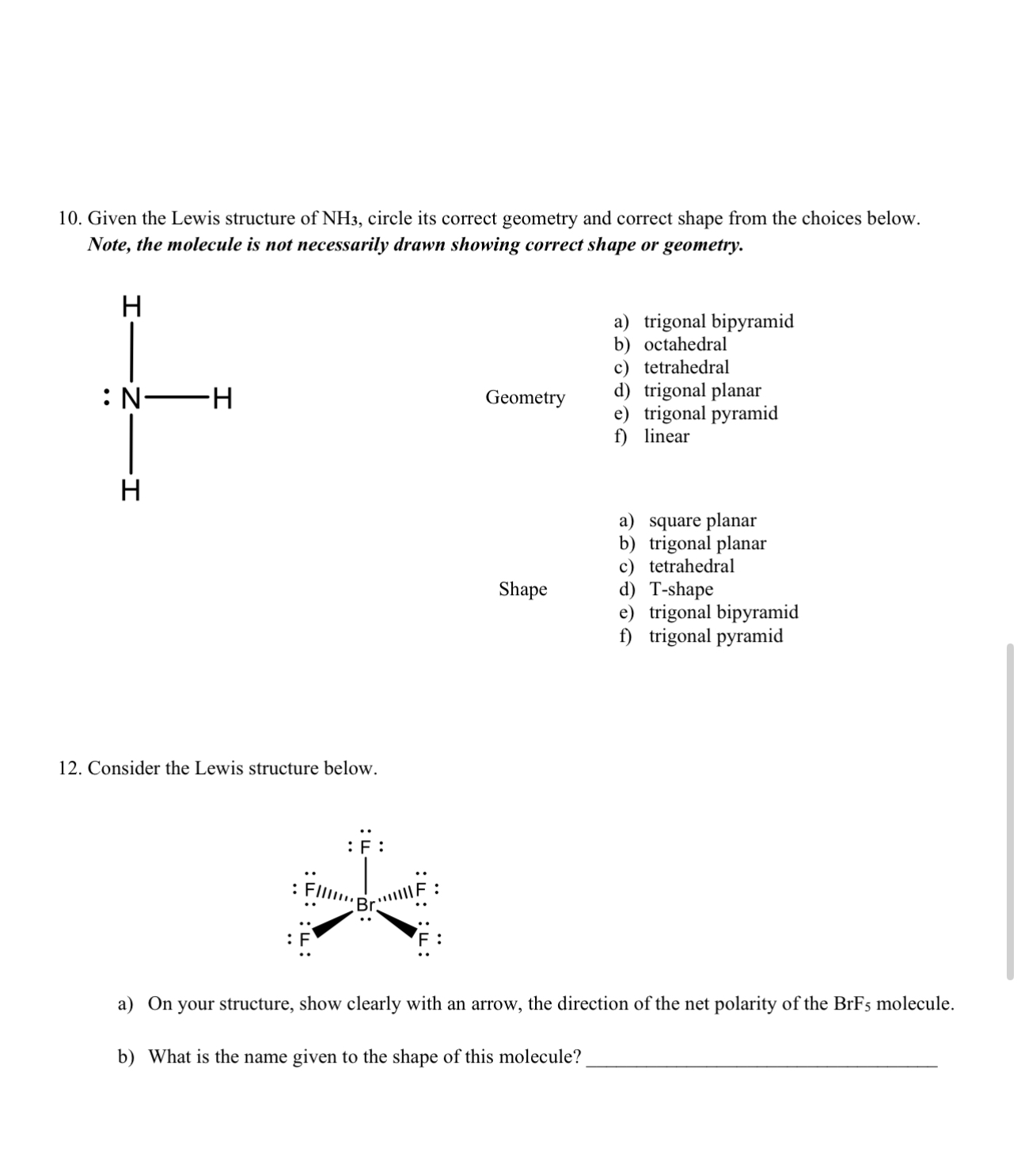 Given the Lewis structure of NH3, ﻿circle its correct | Chegg.com