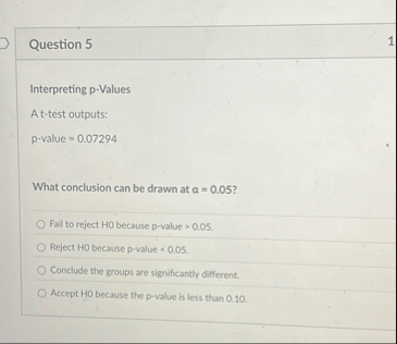 Solved Question 5Interpreting p-ValuesA t-test | Chegg.com