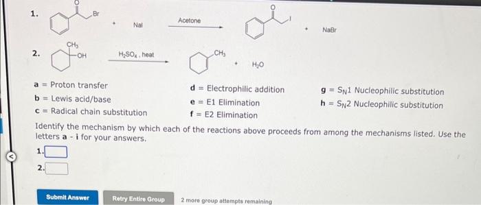 Solved 1. + Nal Acetone 2. a= Proton transfer d = | Chegg.com