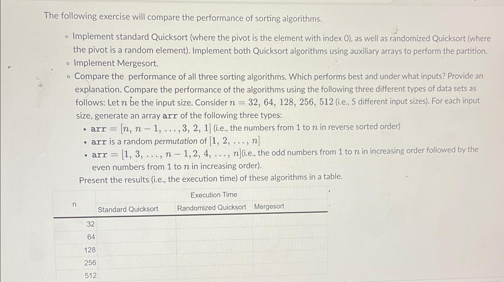 Solved The following exercise will compare the performance | Chegg.com