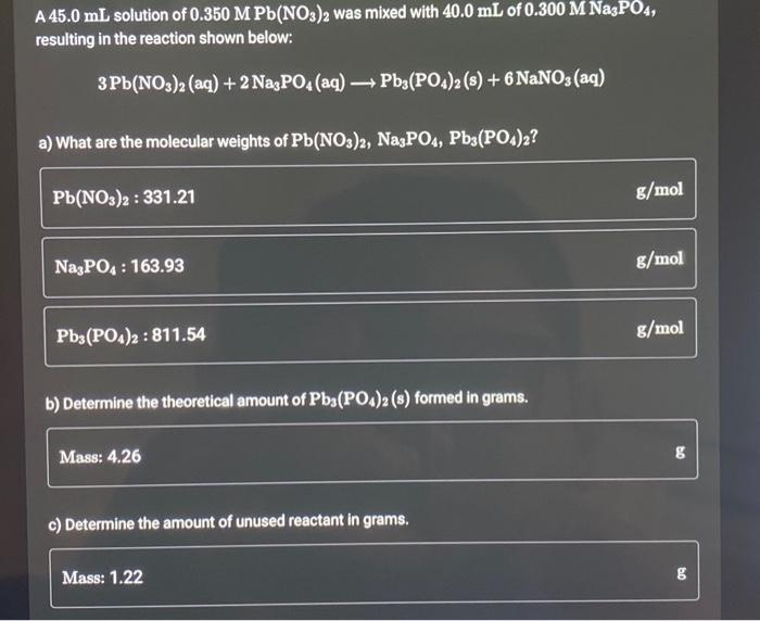 Solved c) Determine the amount of unused reactant in grams. | Chegg.com