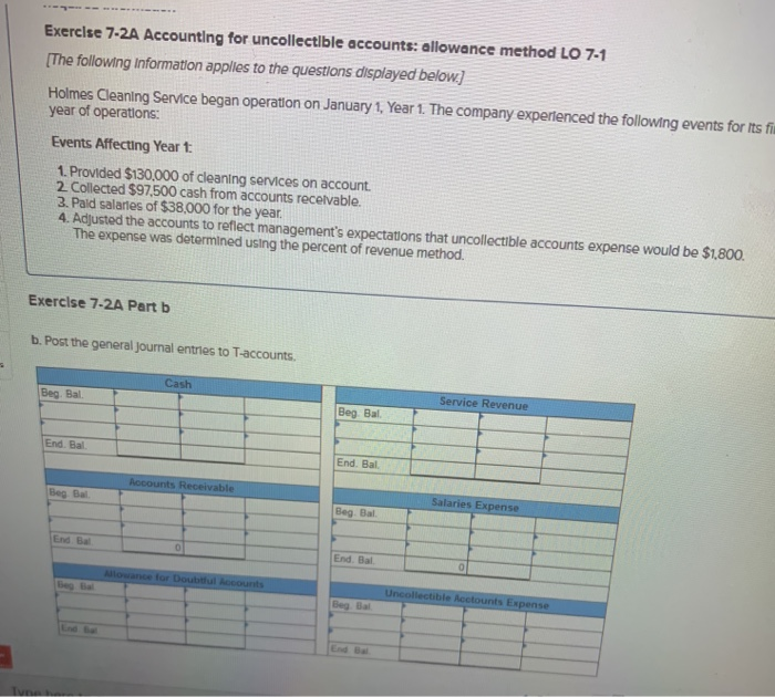 Solved Exercise 7-2A Accounting for uncollectible accounts: | Chegg.com