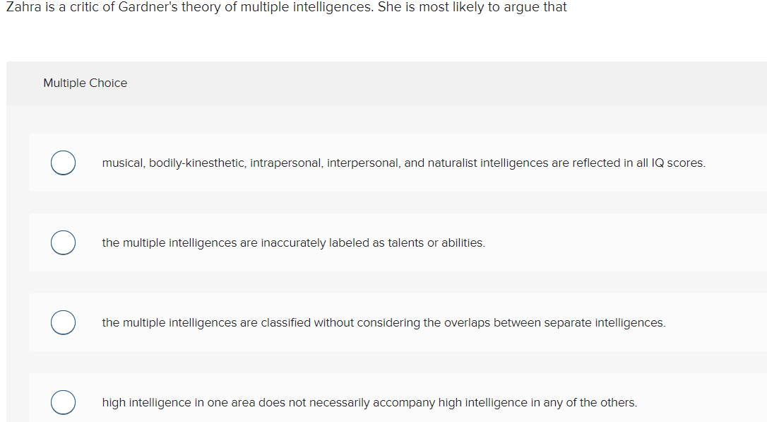 Solved Zahra is a critic of Gardner's theory of multiple | Chegg.com