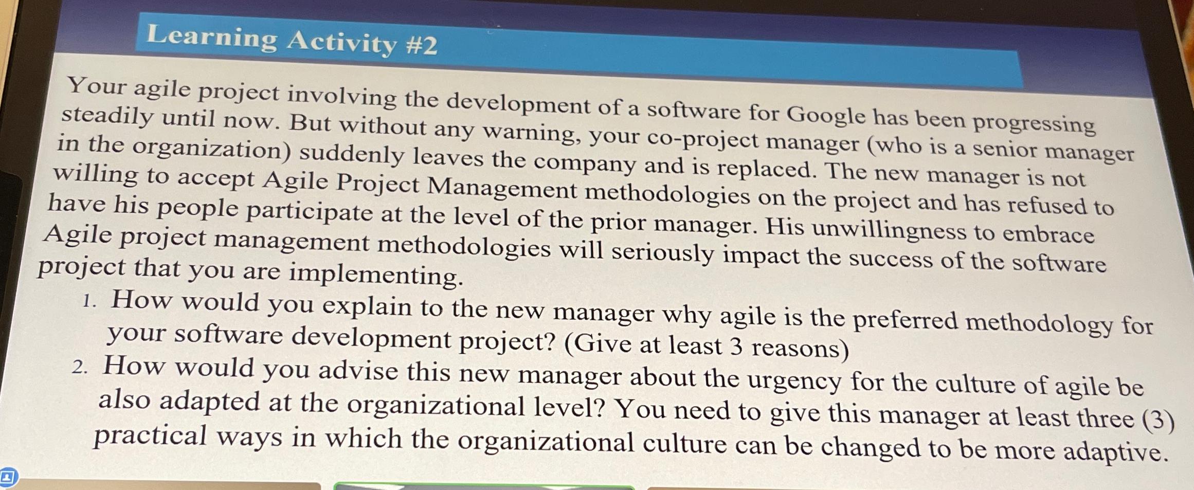 Solved Learning Activity #2Your agile project involving the | Chegg.com