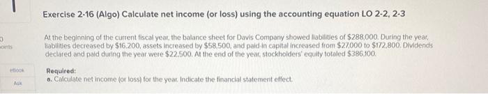 Solved Exercise 2-16 (Algo) Calculate net income (or loss) | Chegg.com