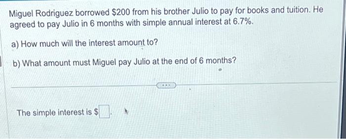 Solved Miguel Rodriguez borrowed $200 from his brother Julio | Chegg.com