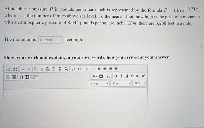 Solved 14.7e-0.21% Atmospheric pressure P in pounds per | Chegg.com