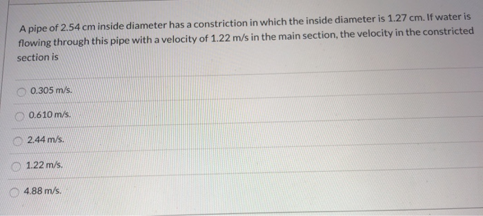 Solved A pipe of 2.54 cm inside diameter has a constriction | Chegg.com