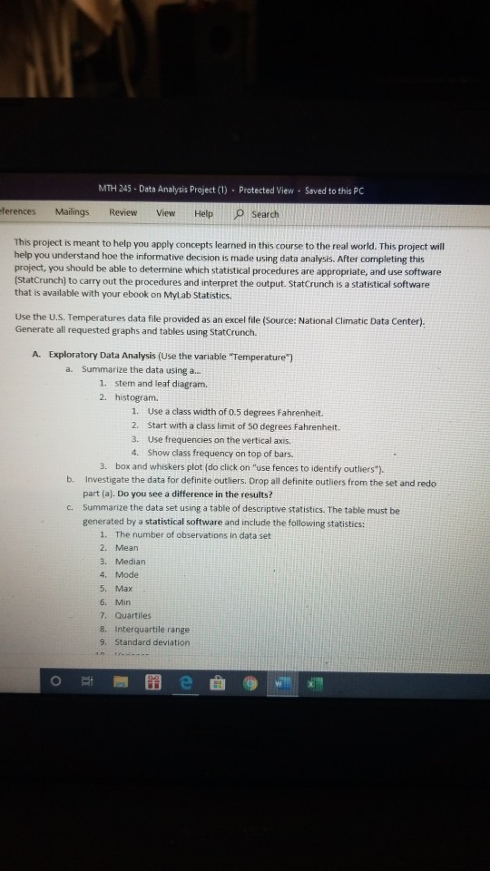 MTH 245 - Data Analysis Project (1) . Protected View | Chegg.com