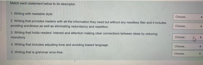 Match each statement below to its descriptor. 1. | Chegg.com