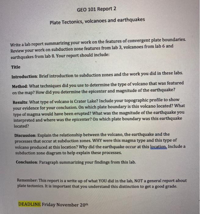 GEO 101 Report 2 Plate Tectonics, volcanoes and | Chegg.com