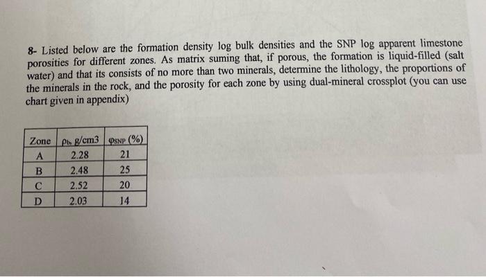 Solved 8- Listed below are the formation density log bulk | Chegg.com
