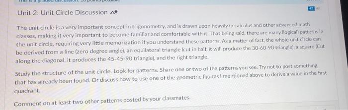 Solved 44 Unit 2: Unit Circle Discussion A+ The unit circle | Chegg.com