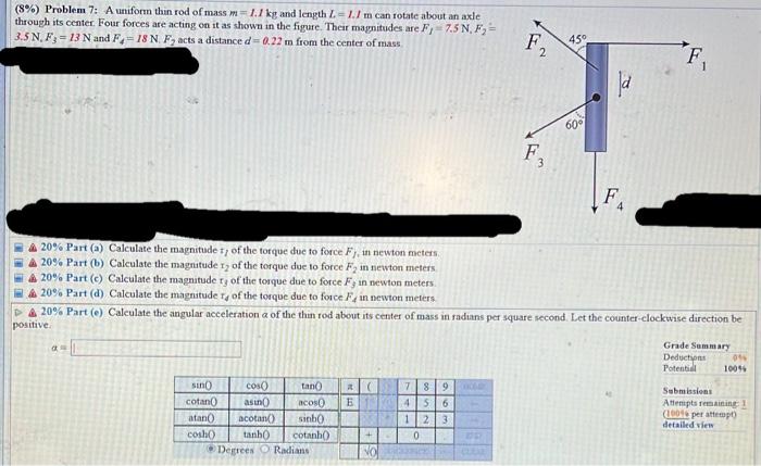 Solved (8\%) Problem 7: A uniform thin rod of mass m=I.I kg | Chegg.com