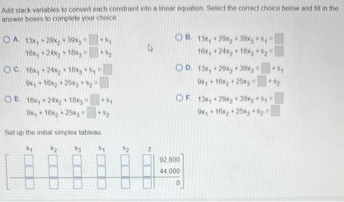 Solved Set up the following for solution by the simplex | Chegg.com