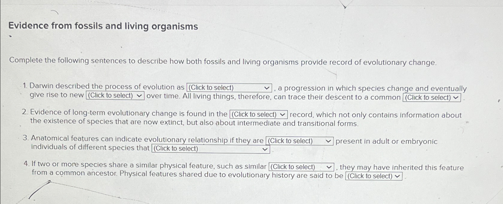 Solved Evidence from fossils and living organismsComplete | Chegg.com