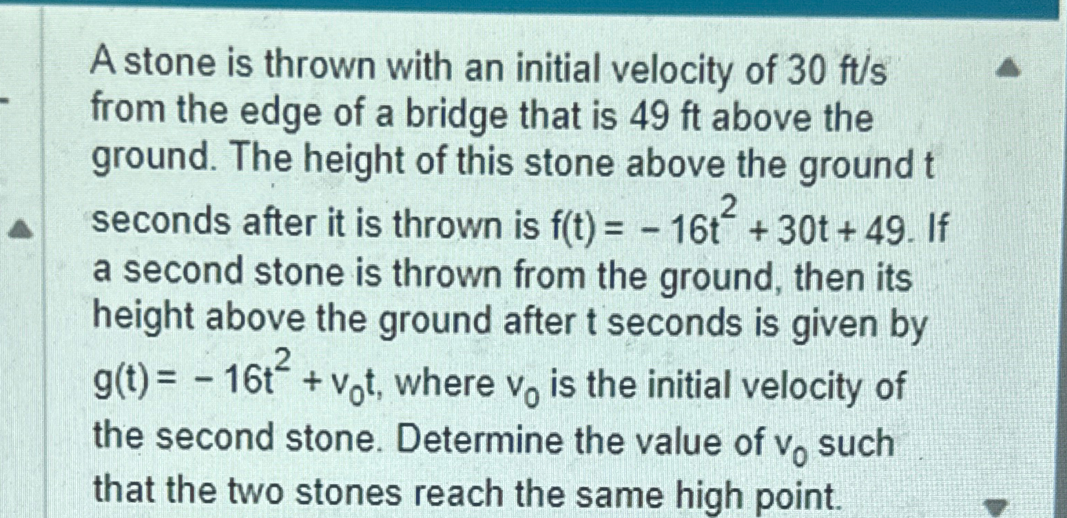 Solved A stone is thrown with an initial velocity of 30fts | Chegg.com