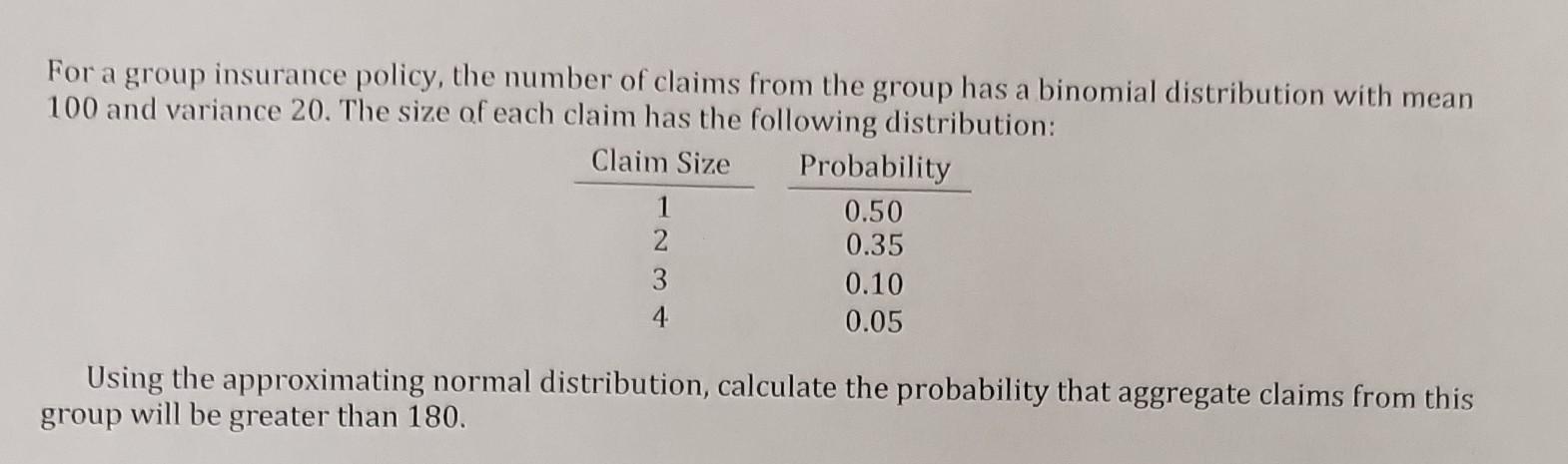 Solved For a group insurance policy, the number of claims | Chegg.com