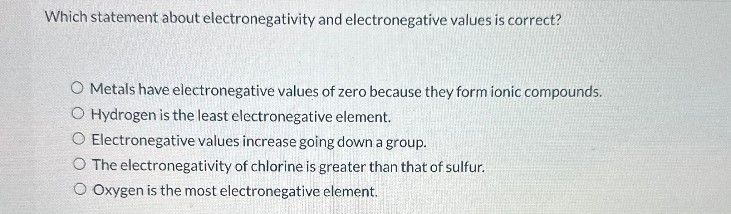Solved Which statement about electronegativity and | Chegg.com