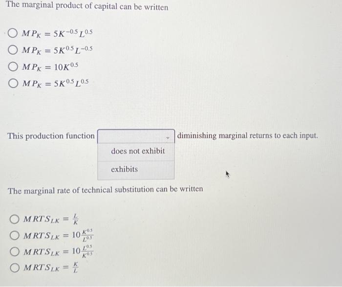 Solved This production function diminishing marginal returns | Chegg.com