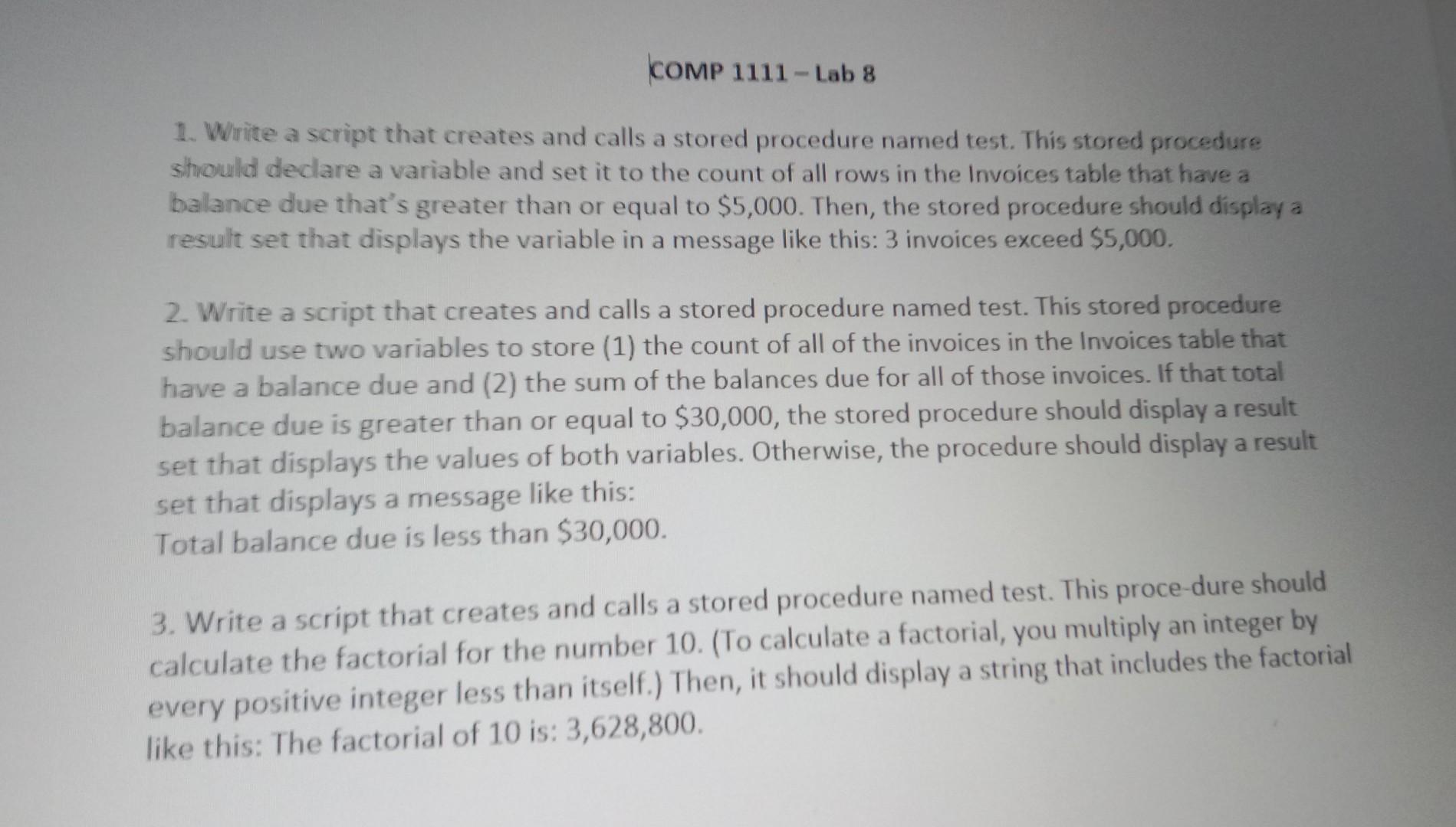 Solved 1 Whrite A Script That Creates And Calls A Stored