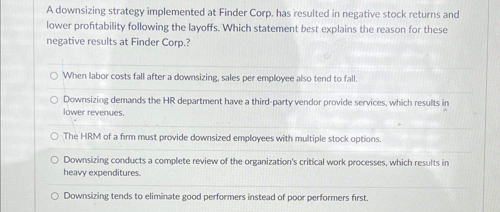 Solved A downsizing strategy implemented at Finder Corp. has | Chegg.com