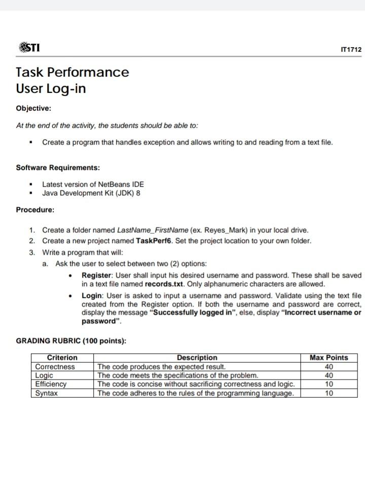 Solved STI IT 1712 Task Performance User Log-in Objective: | Chegg.com