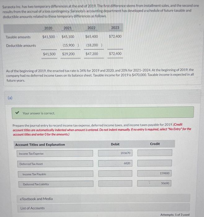 Solved Sarasota Inc has two temporary differences at the end | Chegg.com