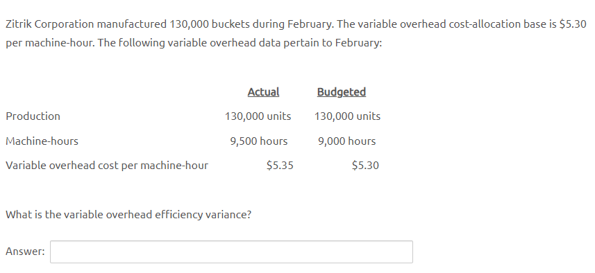 Solved Zitrik Corporation manufactured 130,000 ﻿buckets | Chegg.com