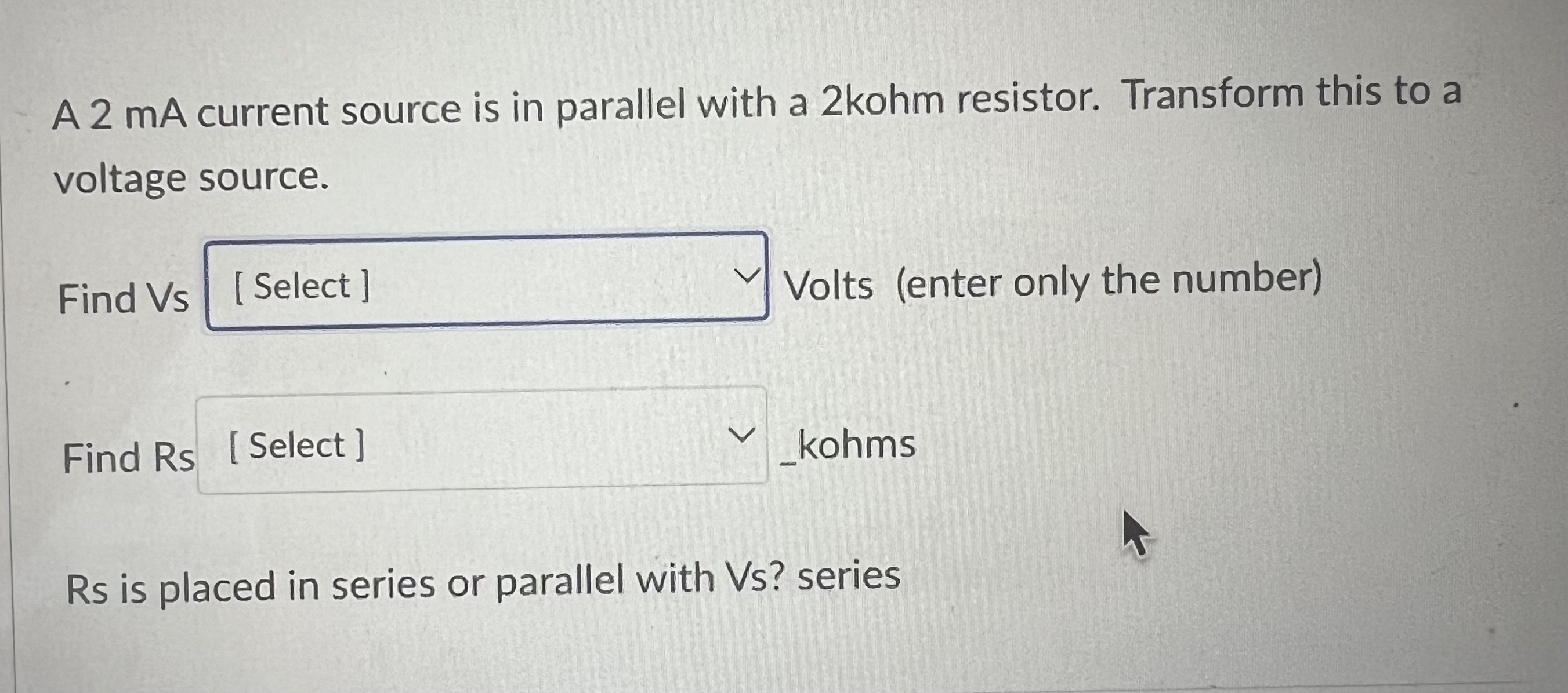 Solved A 2mA ﻿current source is in parallel with a 2kohm | Chegg.com
