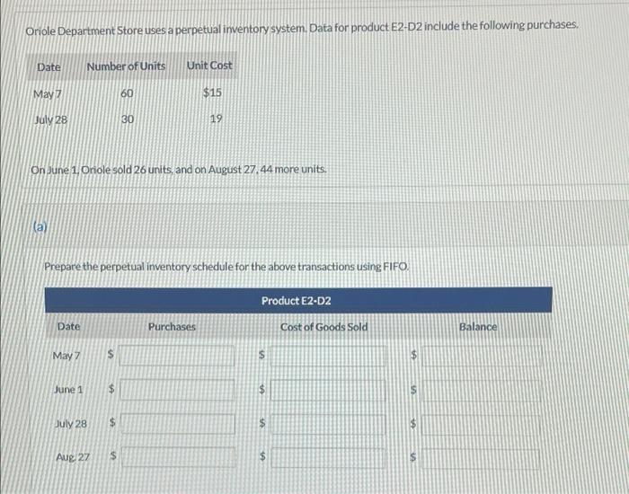 Solved Oriole Department Store uses a perpetual inventory | Chegg.com