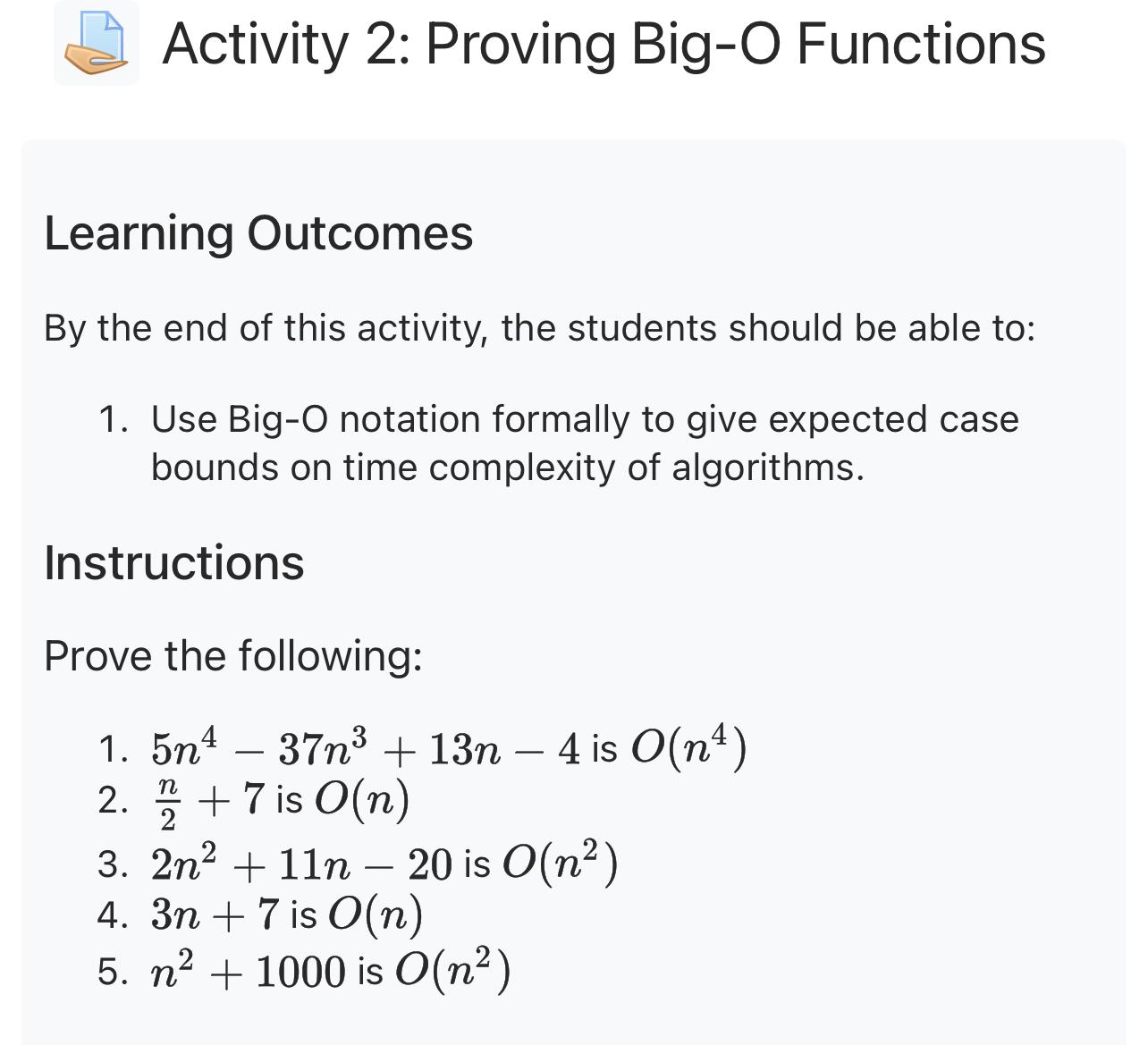 Solved Activity 2: Proving Big-O FunctionsLearning | Chegg.com
