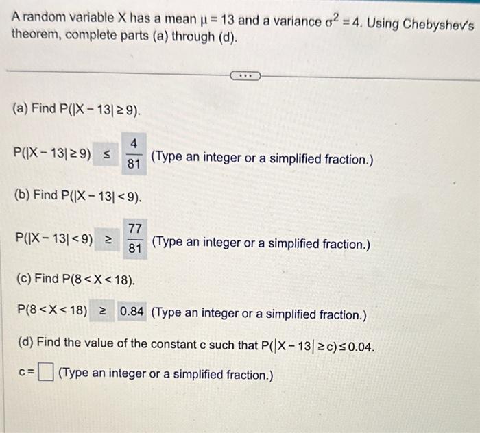 Solved A random variable X has a mean μ=13 and a variance | Chegg.com