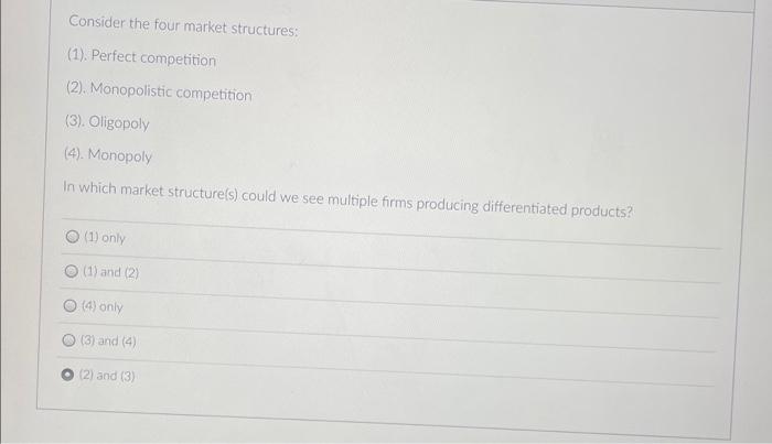Solved Consider the four market structures: (1). Perfect | Chegg.com