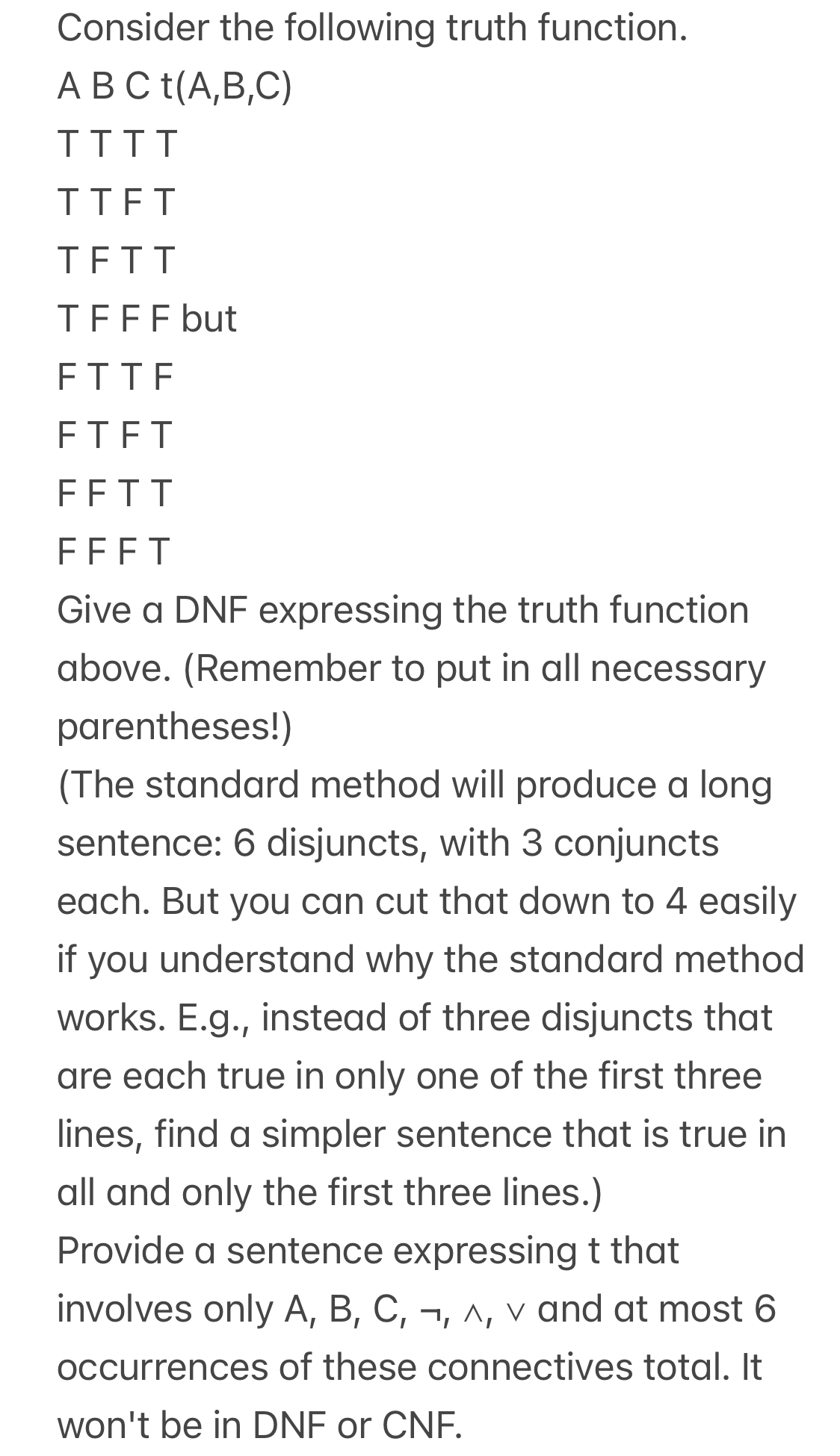 Solved Consider the following truth function.A B C t(A,B,C)T | Chegg.com