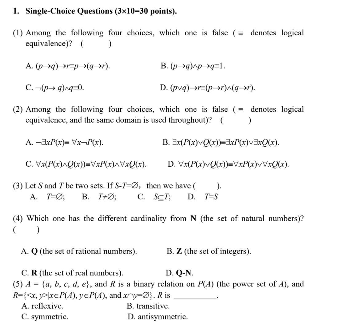 Solved 1. Single-Choice Questions (3×10=30 points ). (1) | Chegg.com
