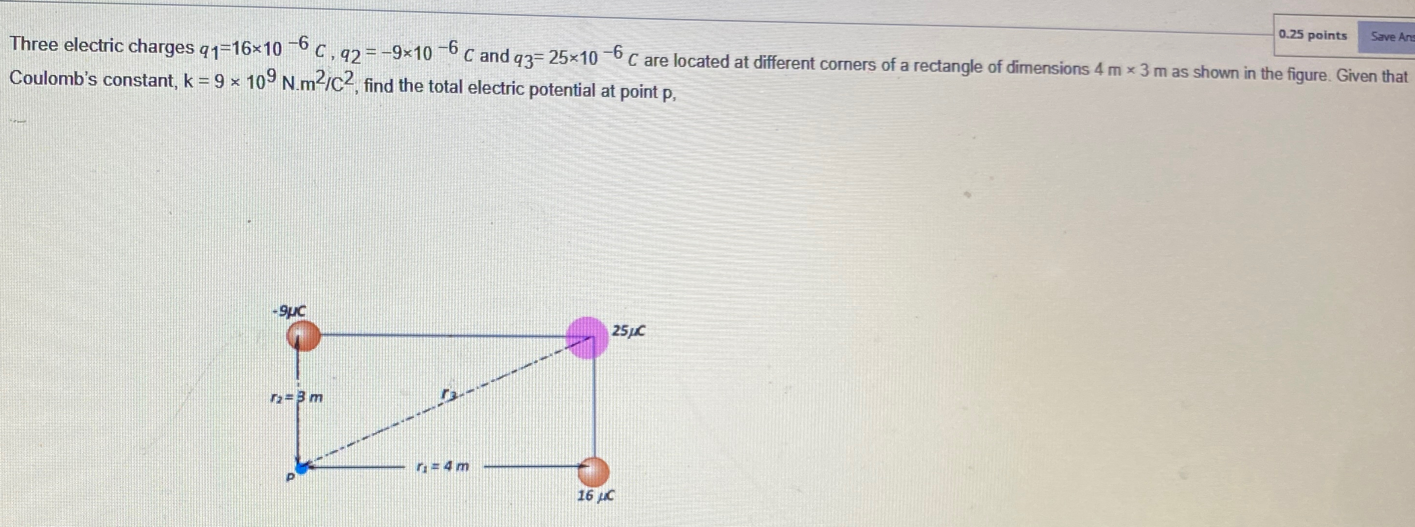 Solved Three electric charges q1=16×10-6C,q2=-9×10-6C ﻿and | Chegg.com
