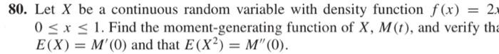 Solved 80. Let X be a continuous random variable with | Chegg.com