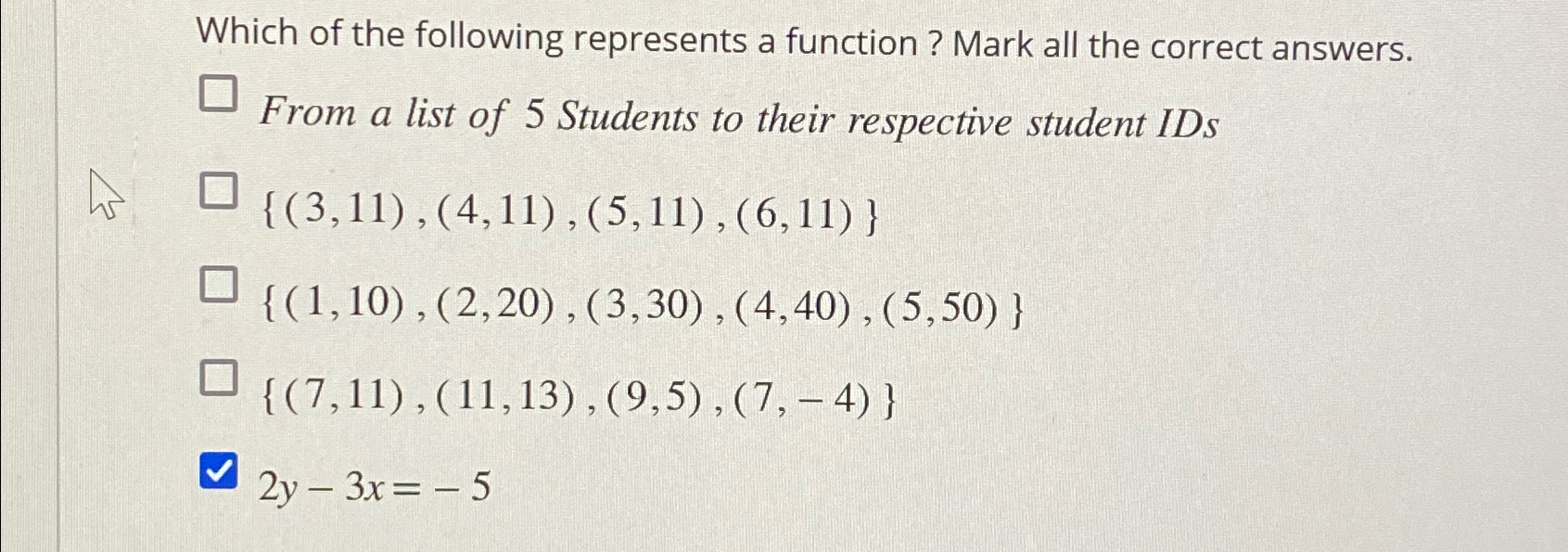 Solved Which of the following represents a function ? ﻿Mark | Chegg.com