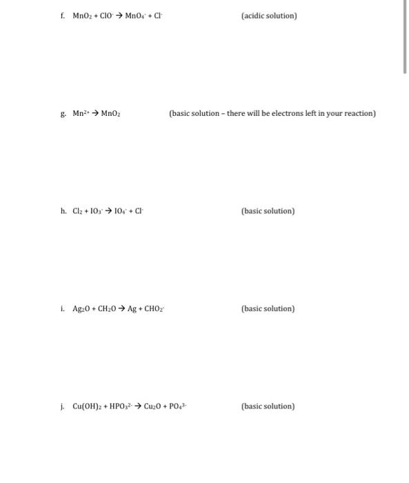 Solved f. MnO2 + CIO → MnO4 + C (acidic solution) 8. Mn2 → | Chegg.com